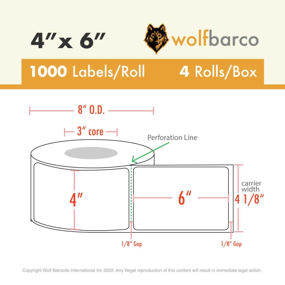 Direct Thermal Paper Label/IndustrialGrade 4"X6", Perf, 3"Core, 8" OD ...