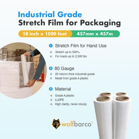 18 inch x 1500 feet Stretch Film/Wrap 80 Gauge (20 Micron) Heavy Duty ...